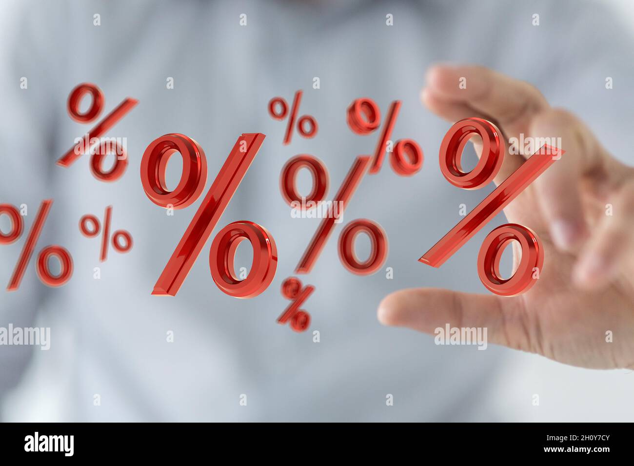 3D rendering of floating percentage icons with hand measuring it from ...