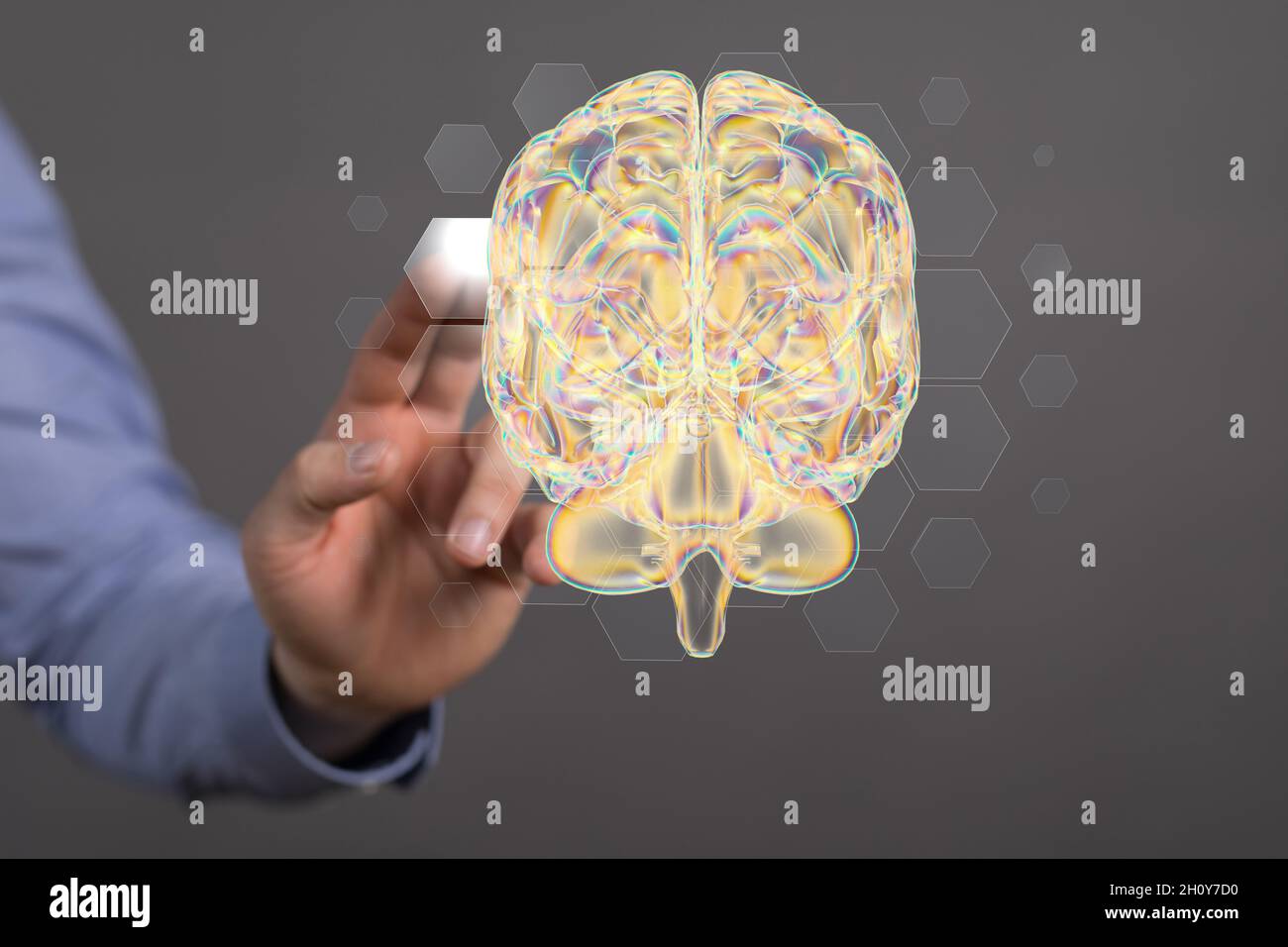 3D rendering of digital brain with hand touching it from behind-brain ...