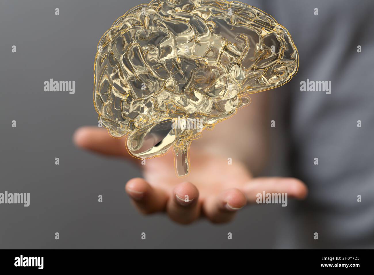 3D rendering of a digital brain floating over human hand-brain network ...