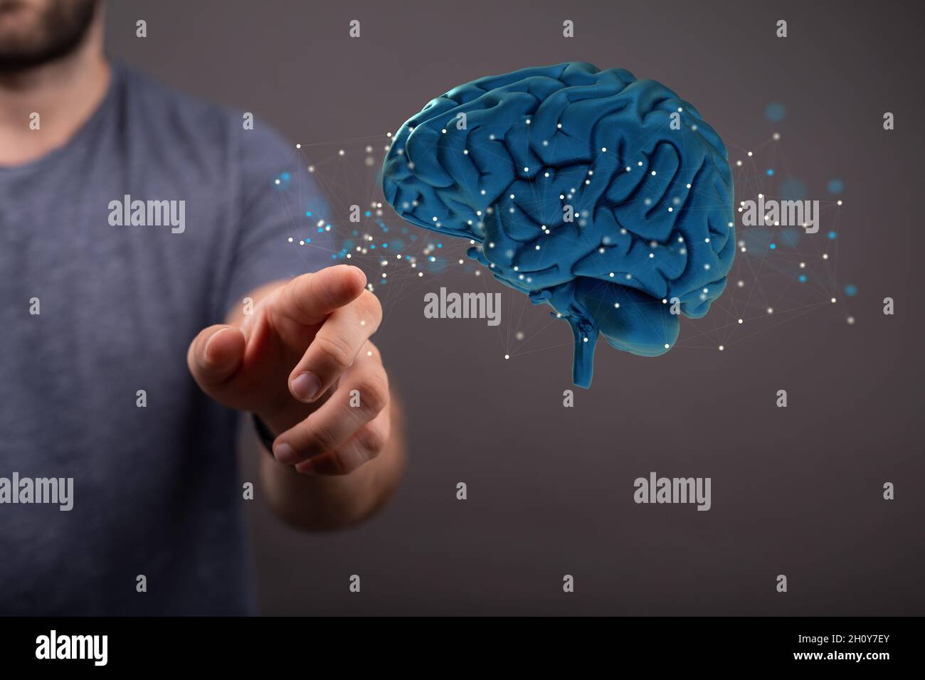 3D rendering of digital brain with hand touching it from behind-brain ...