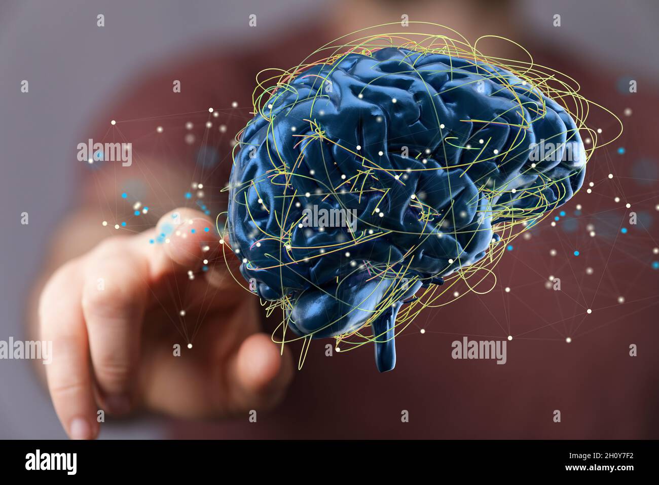 3D rendering of digital brain with hand touching it from behind-brain ...