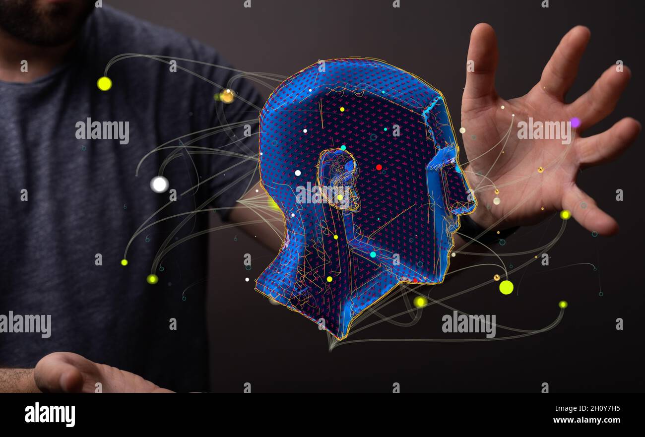 3D rendering of a digital head floating in between human hands-brain ...