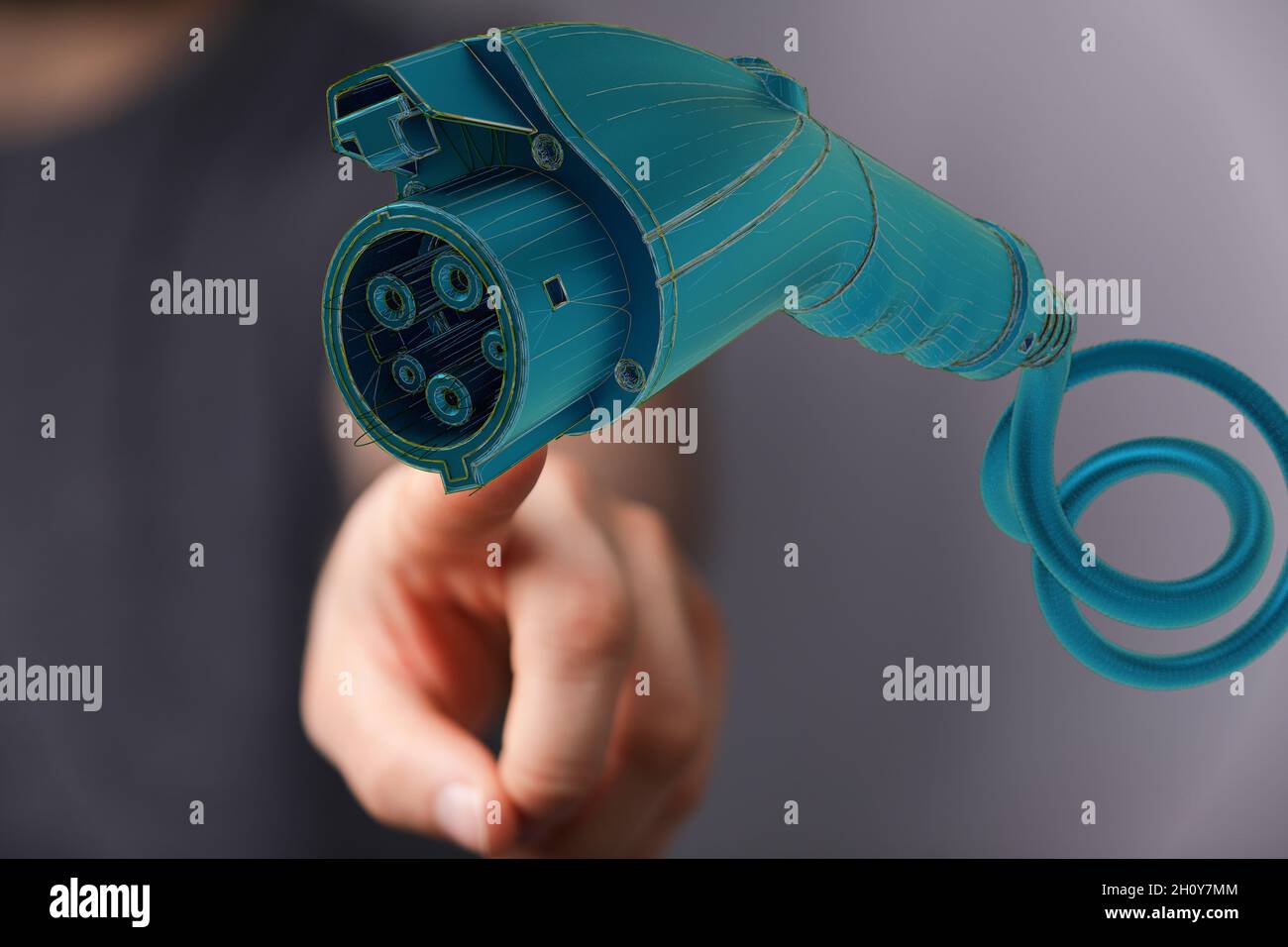 3D rendering of floating Electric car charger with hand touching it ...