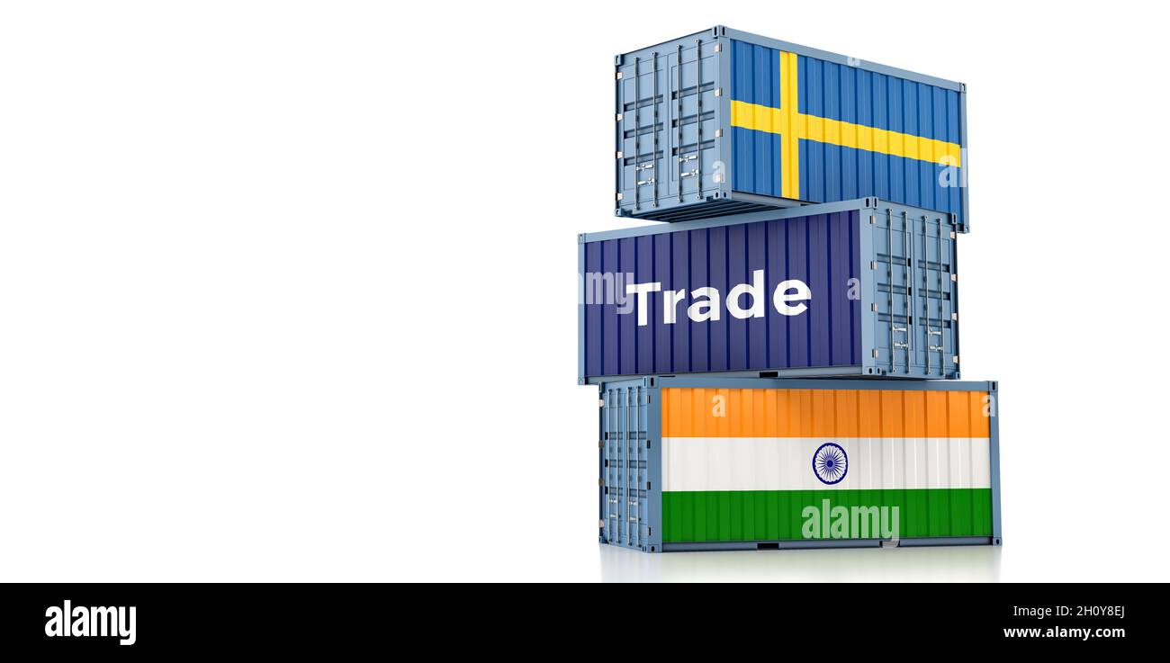 Shipping containers with India and Sweden flag. 3D Rendering Stock ...