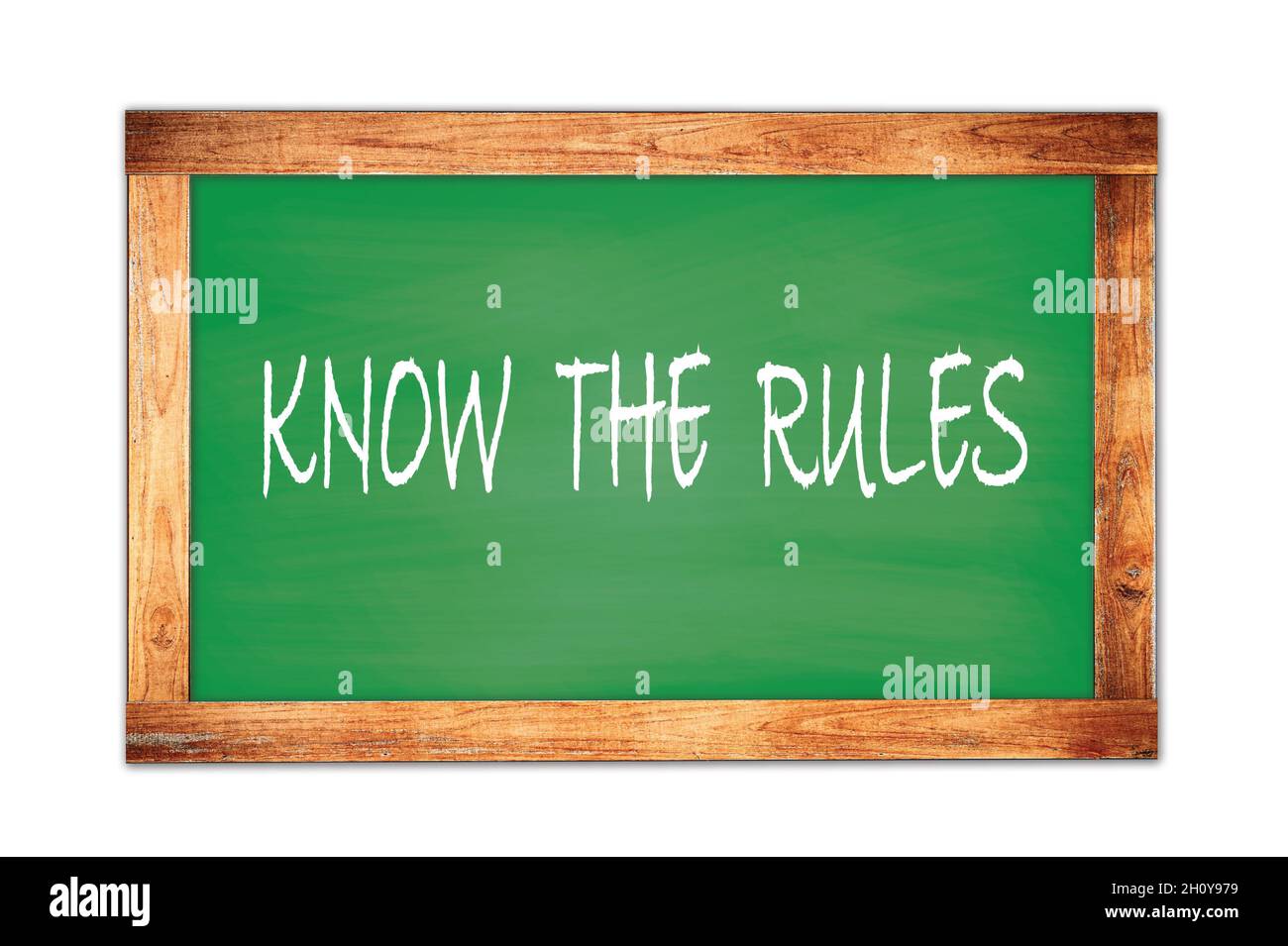 KNOW THE RULES text written on green wooden frame school blackboard ...