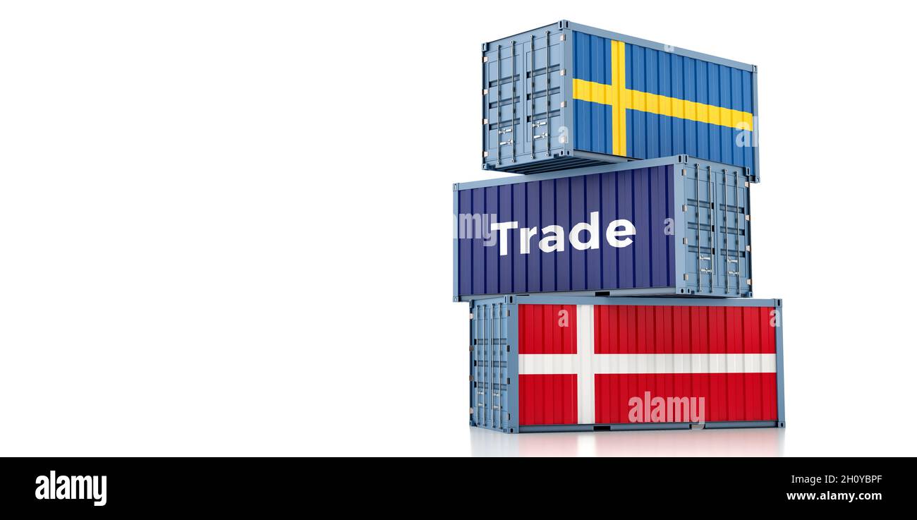 Shipping containers with Denmark and Sweden flag. 3D Rendering Stock ...