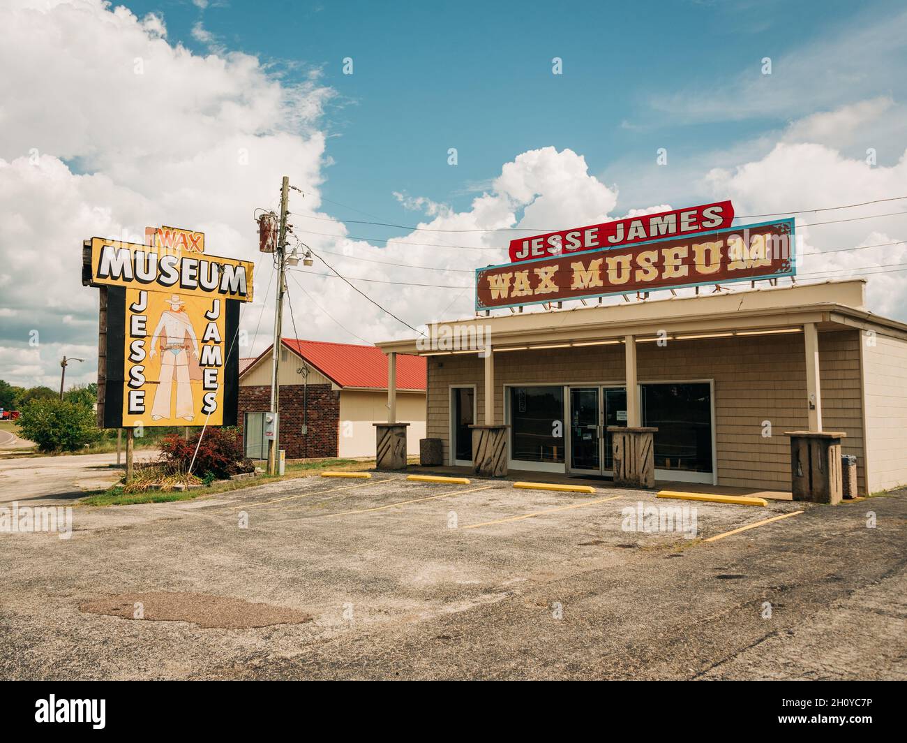 Jesse James Wax Museum sign, on Route 66 in Stanton, Missouri Stock ...