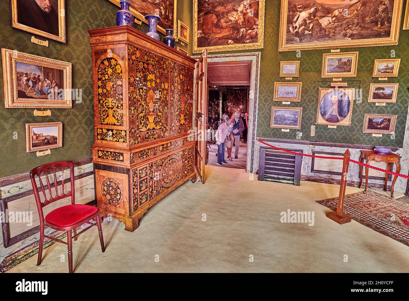 Cabinet in the marquetry room at Burghley House, an elizabethan mansion ...