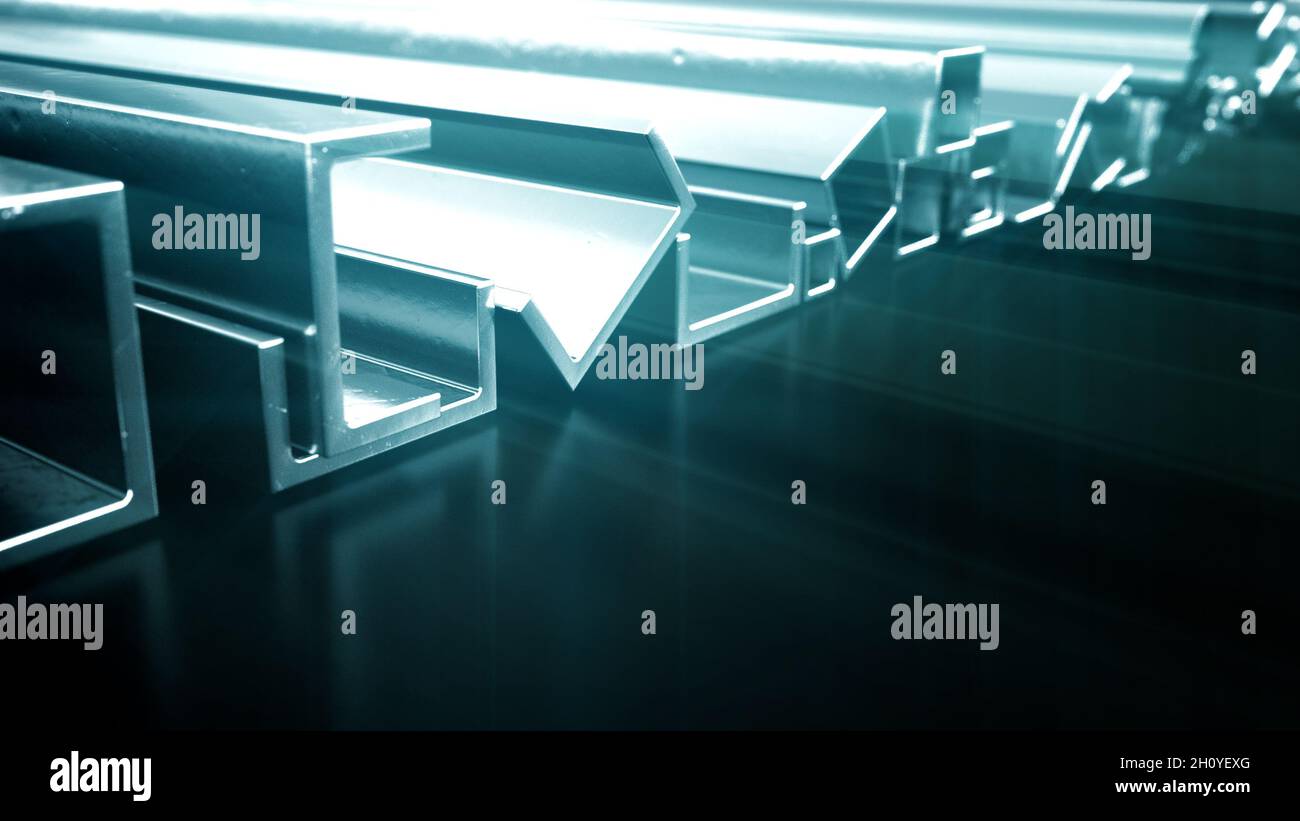 shining metal profile and iron rod . industrial 3D illustration Stock ...