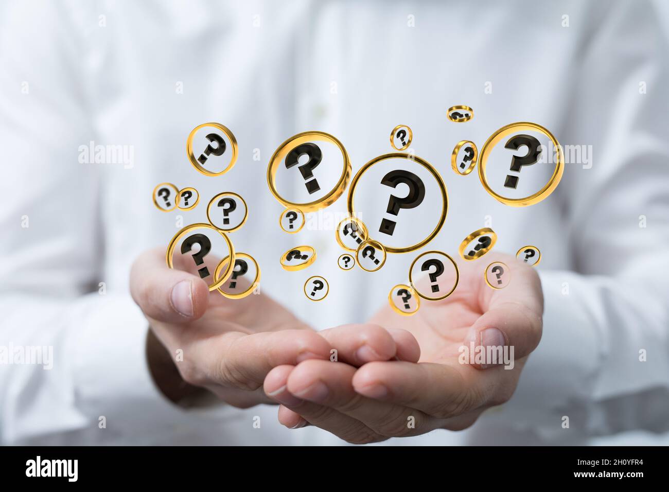 3D rendering of digital question marks floating on hands- Business problem solving concept Stock ...