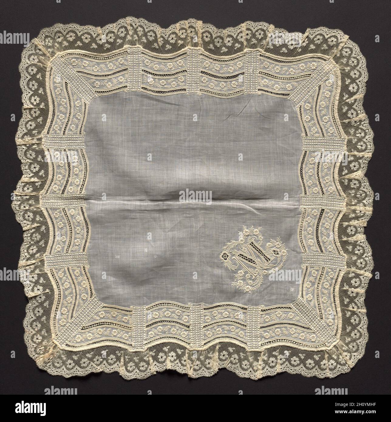 Handkerchief, 1800s. France, 19th century. Embroidery on linen ground ...