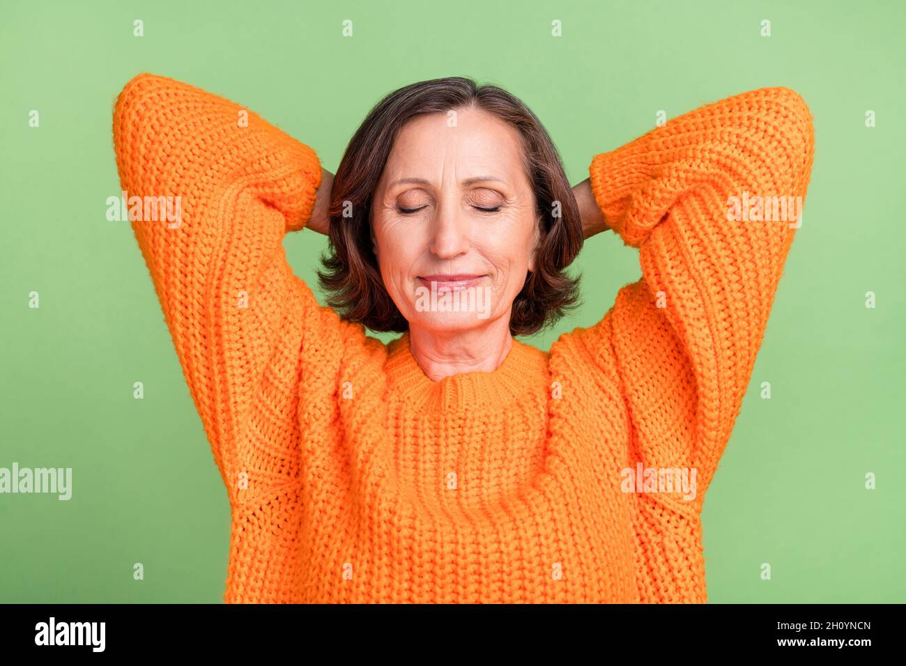 Top above high angle view photo of attractive woman sleepy hands behind ...