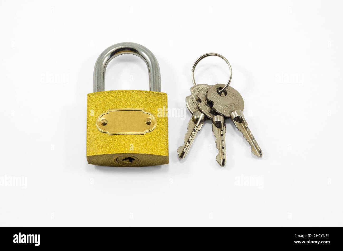 Yellow steely lock and bunch of keys isolated on white background Stock ...