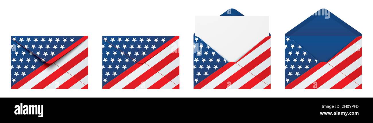 USA flag envelope isolated on white background. Vector set of folded ...