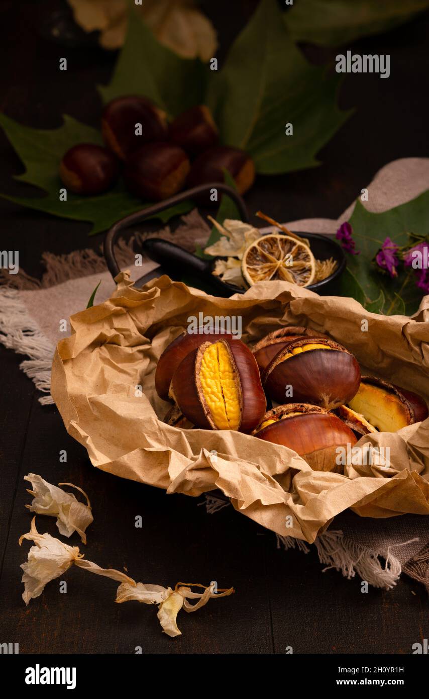 autumn background with Italian chestnuts Stock Photo - Alamy