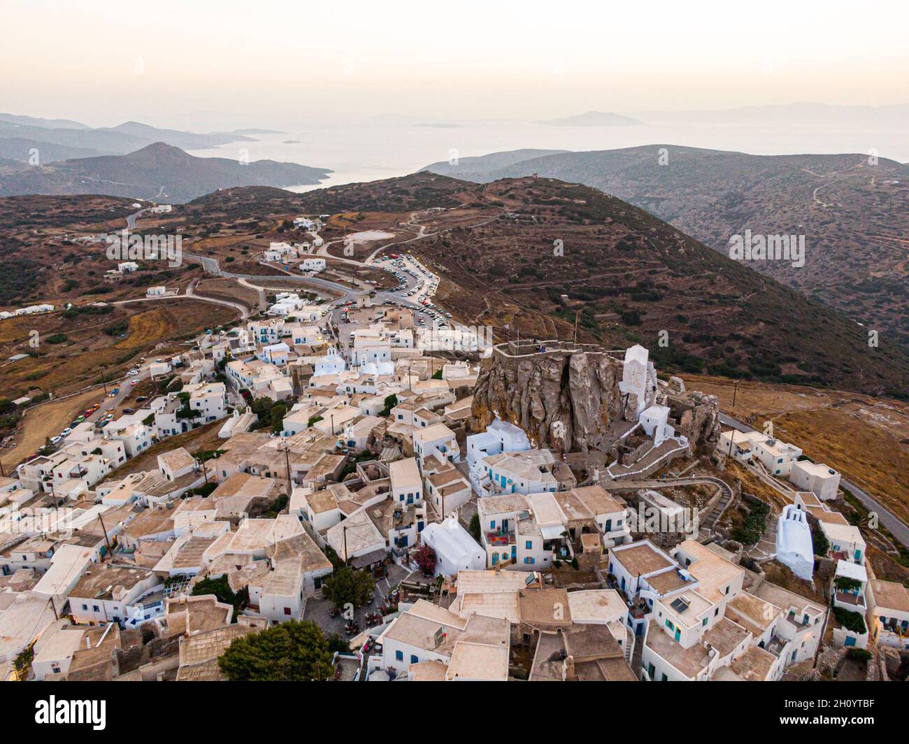 Aerial view of Greek Chora village on Amorgos island, Aegean Sea ...