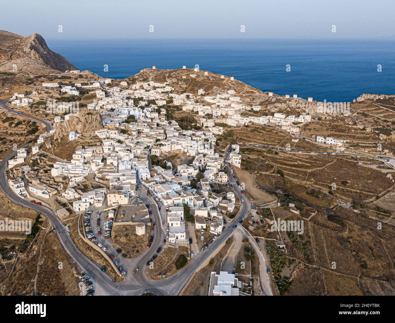 Aerial view of Greek Chora village on Amorgos island, Aegean Sea ...