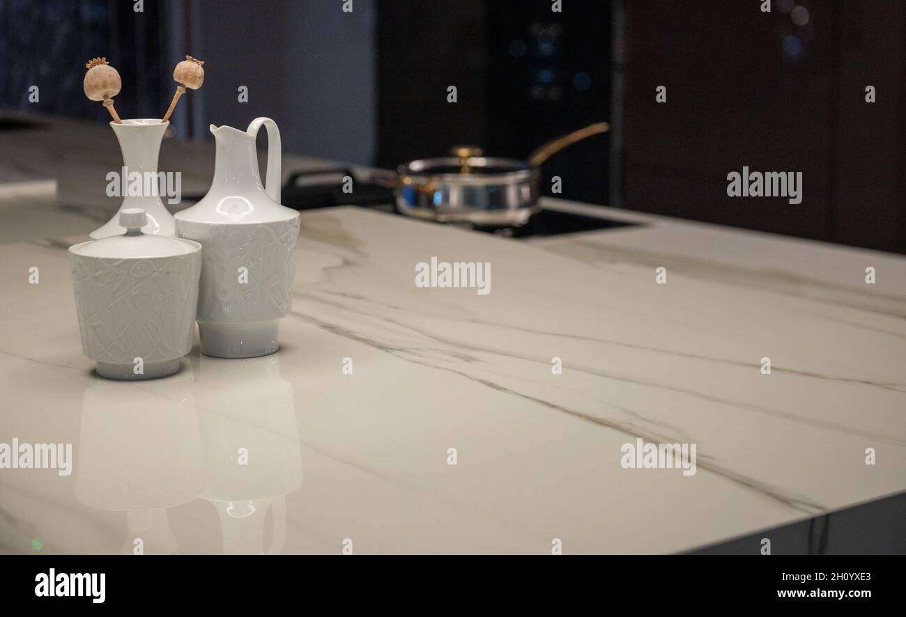 Expensive Luxury Kitchen with Stone Surface Counter and Stove in ...