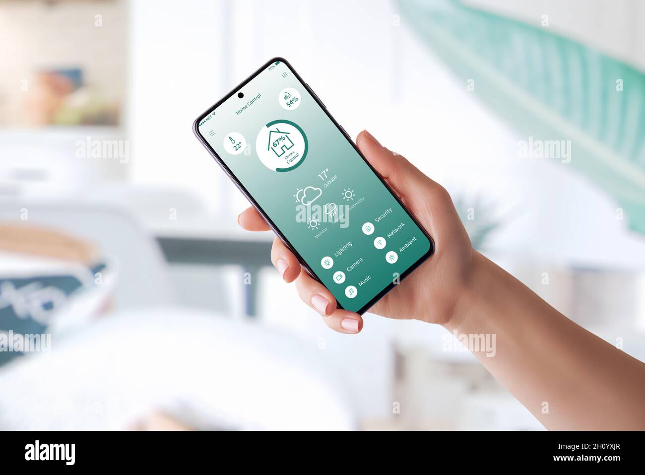 Hand showing smart home control app concept. Moder flat design app with ...