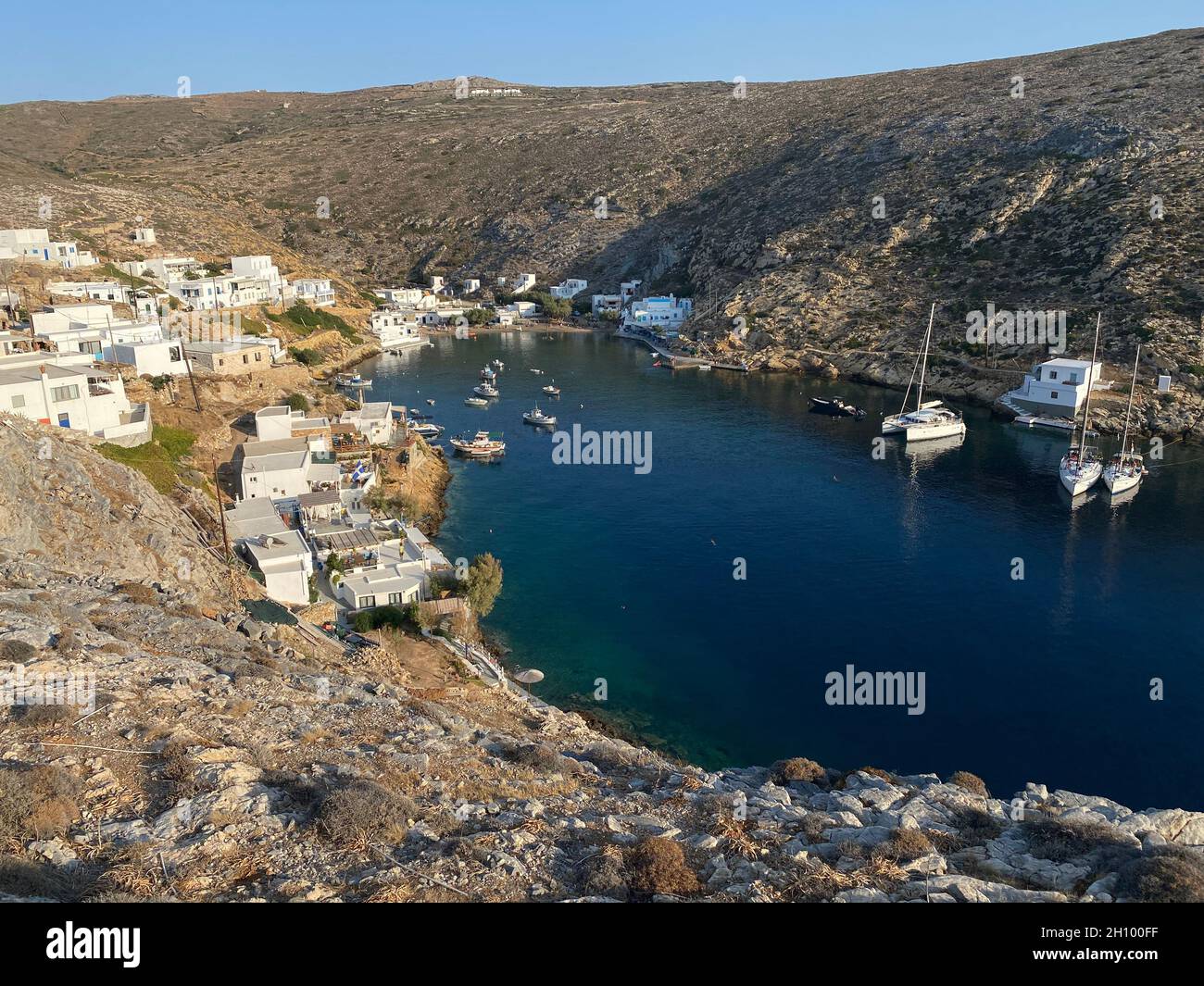 Aerial view on Cheronissos bay and port, Sifnos greek island Stock ...