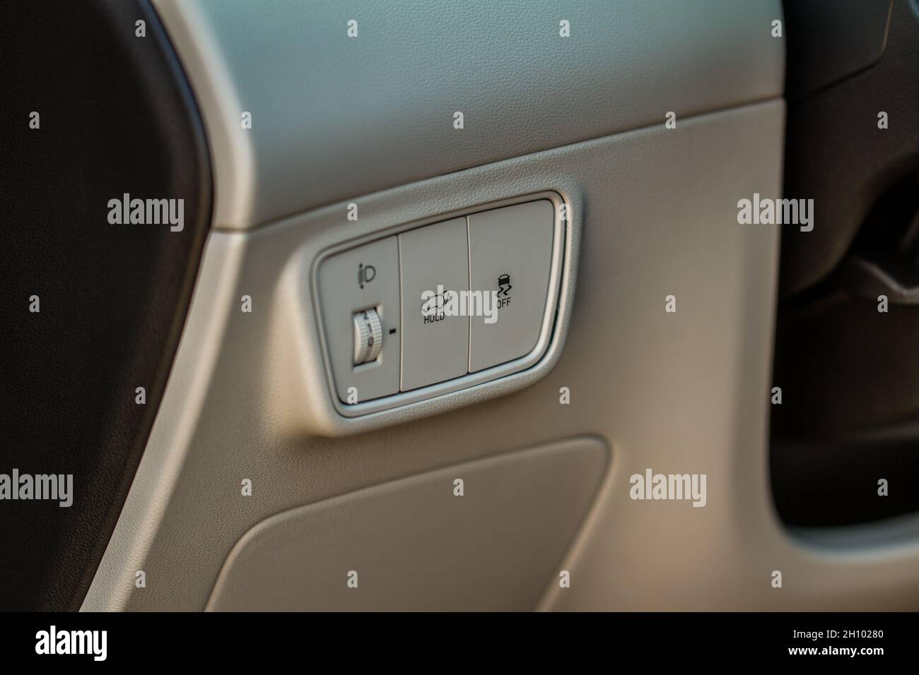 Close up view of modern car electronic safety systems control panel ...
