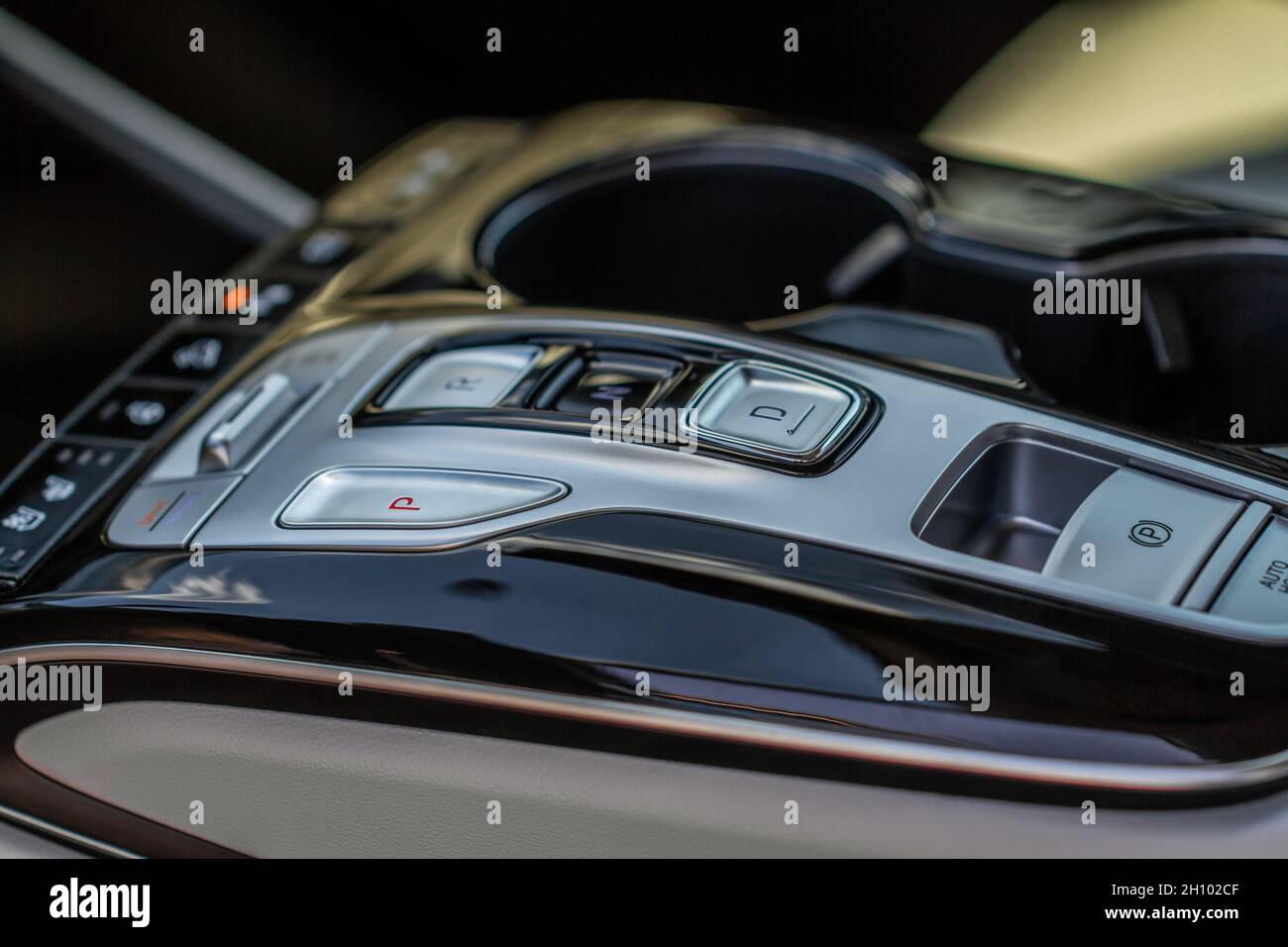 Modern car automatic gearbox. Gearbox control buttons. Gear selector ...