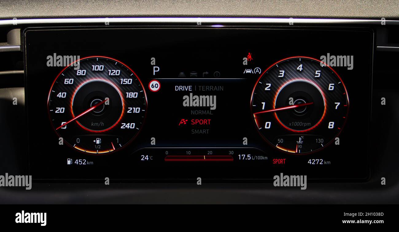 Modern digital car dashboard. Close up of illuminated car digital ...