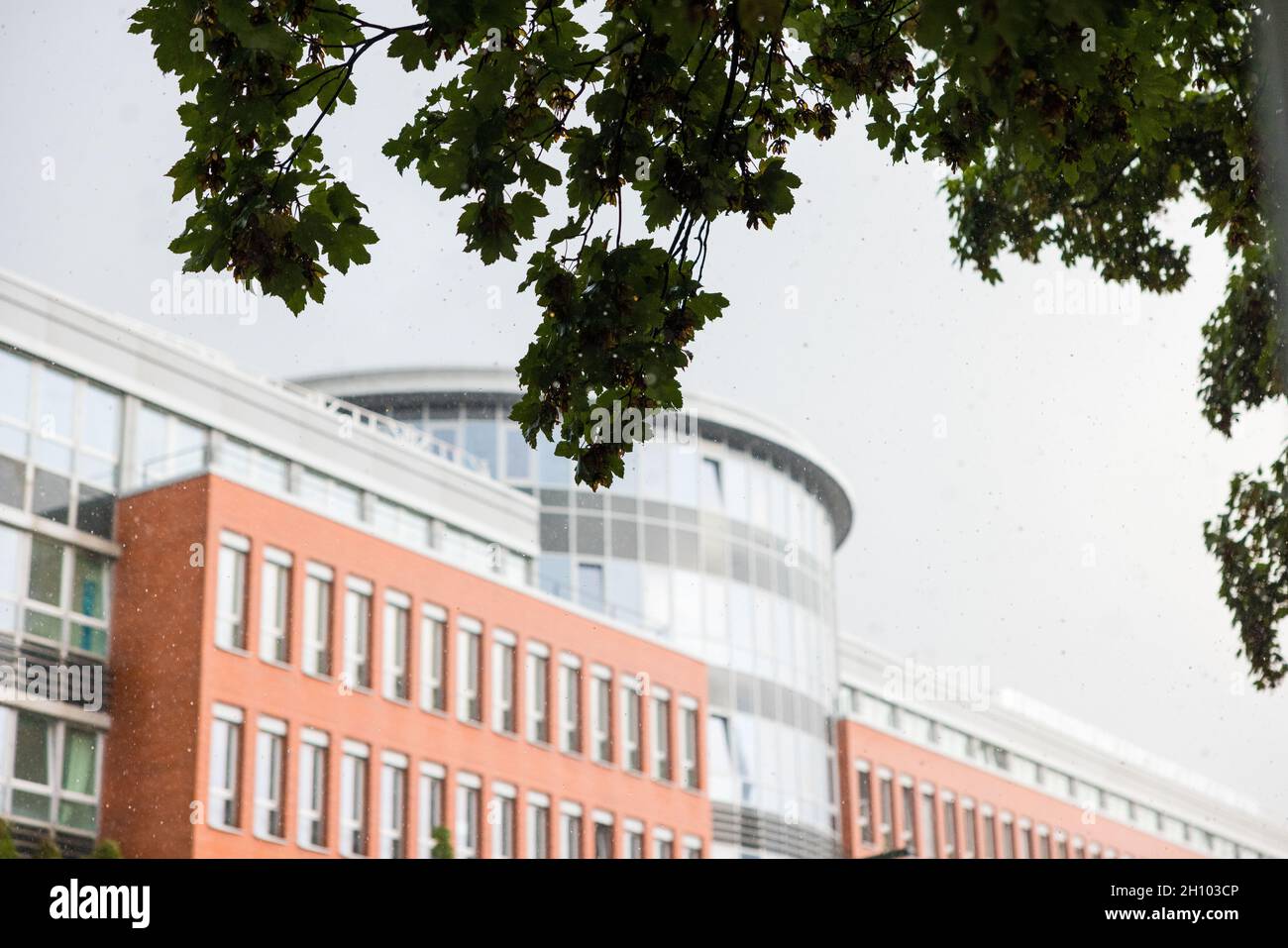 Beautiful contemporary mid-rise building with glass windows against a ...