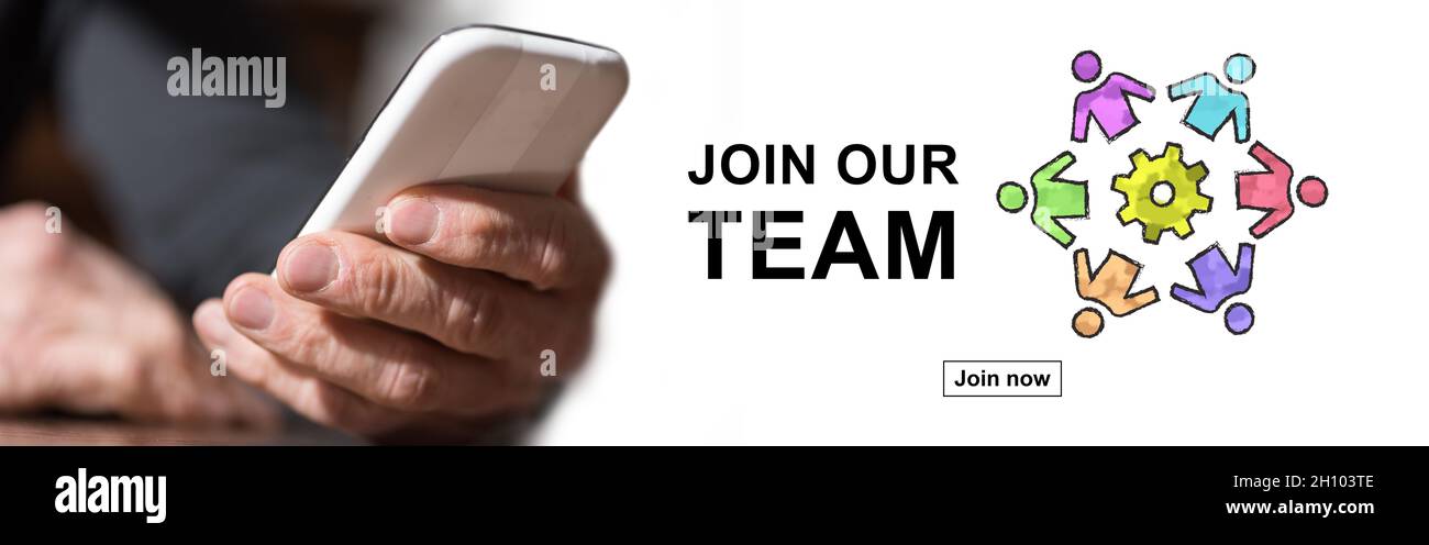 Hand holding mobil phone with join our team concept on background Stock ...