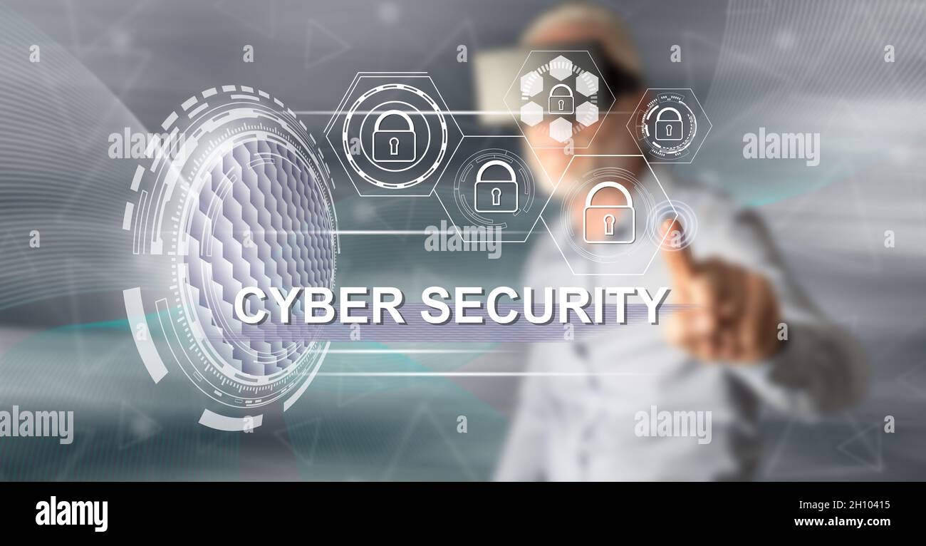 Man with vr headset touching a cyber security concept on a touch screen ...