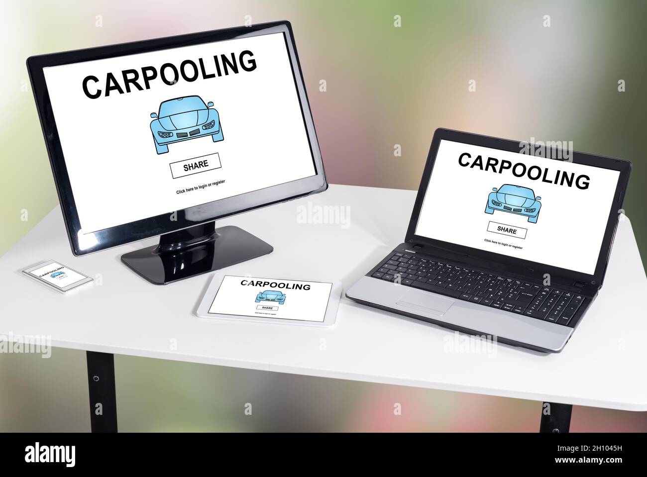 Carpooling concept shown on different information technology devices ...