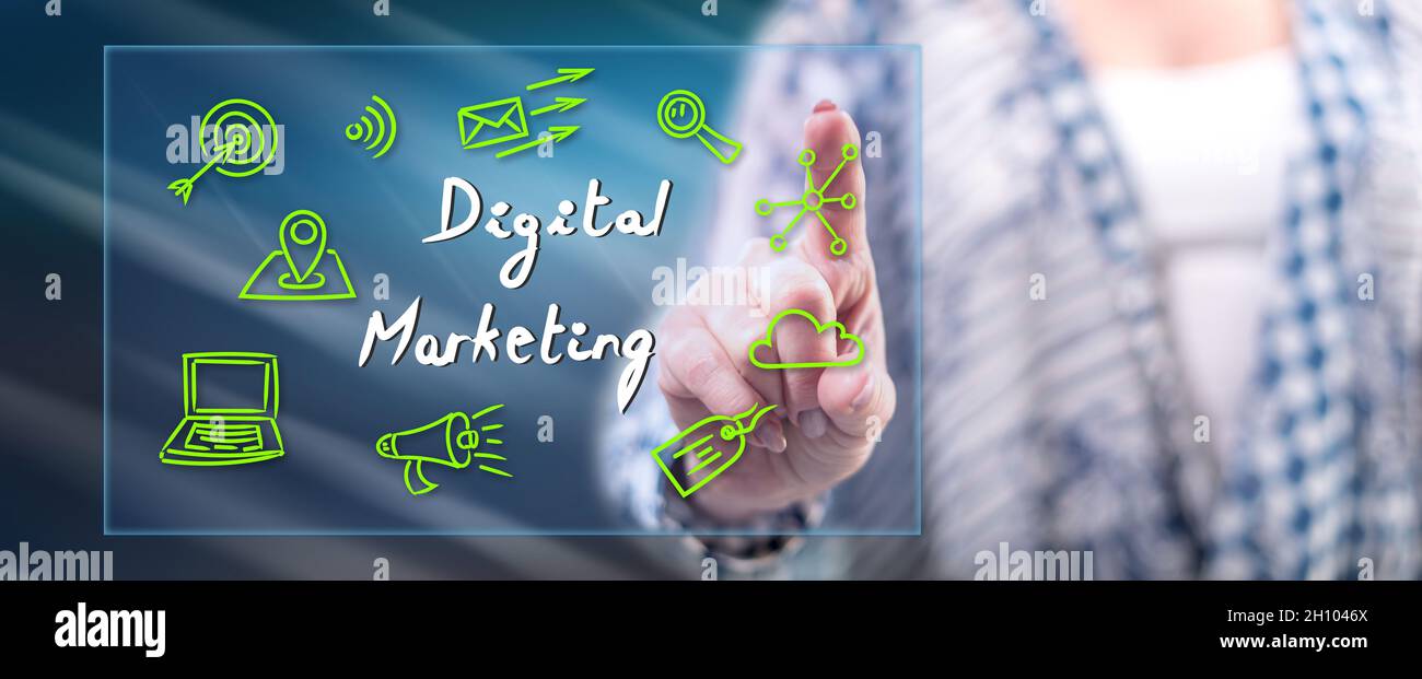 Woman touching a digital marketing concept on a touch screen with her ...