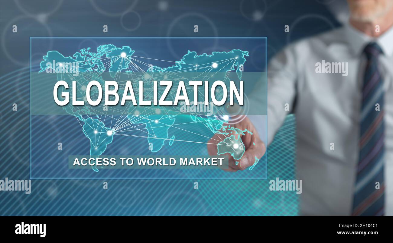 Man touching a globalization concept on a touch screen with his finger ...