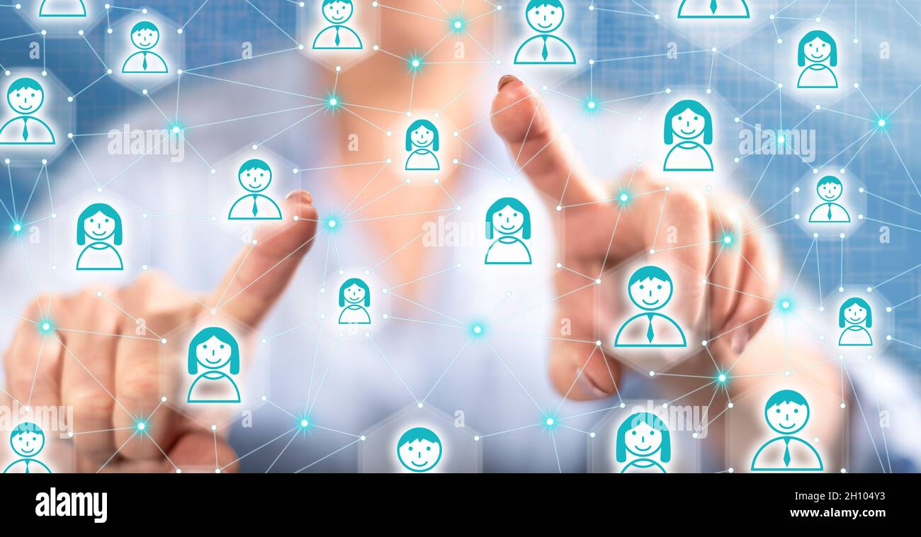 Woman touching a social network concept on a touch screen with her ...