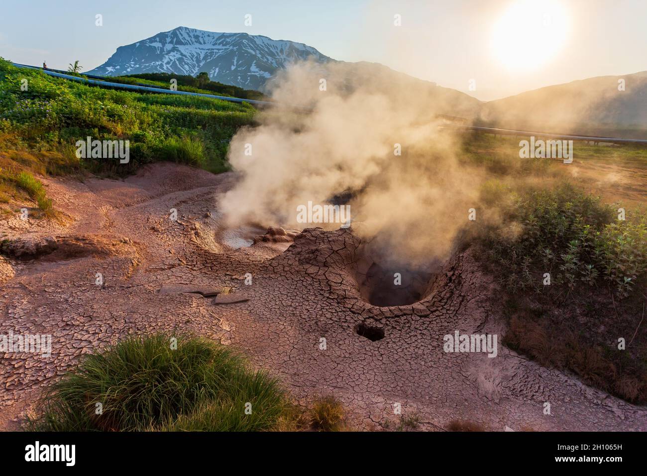 Steaming, sulfuric, active fumaroles near Pauzhetskaya Geothermal Power ...