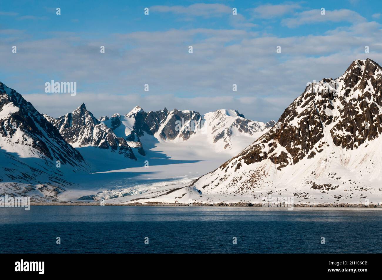 A scenic view of ice covered mountains and an ice field off ...
