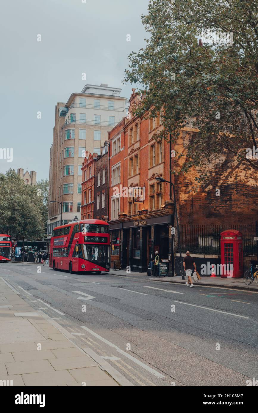 London, UK - October 09, 2021: Modern red double decker bus on a road ...