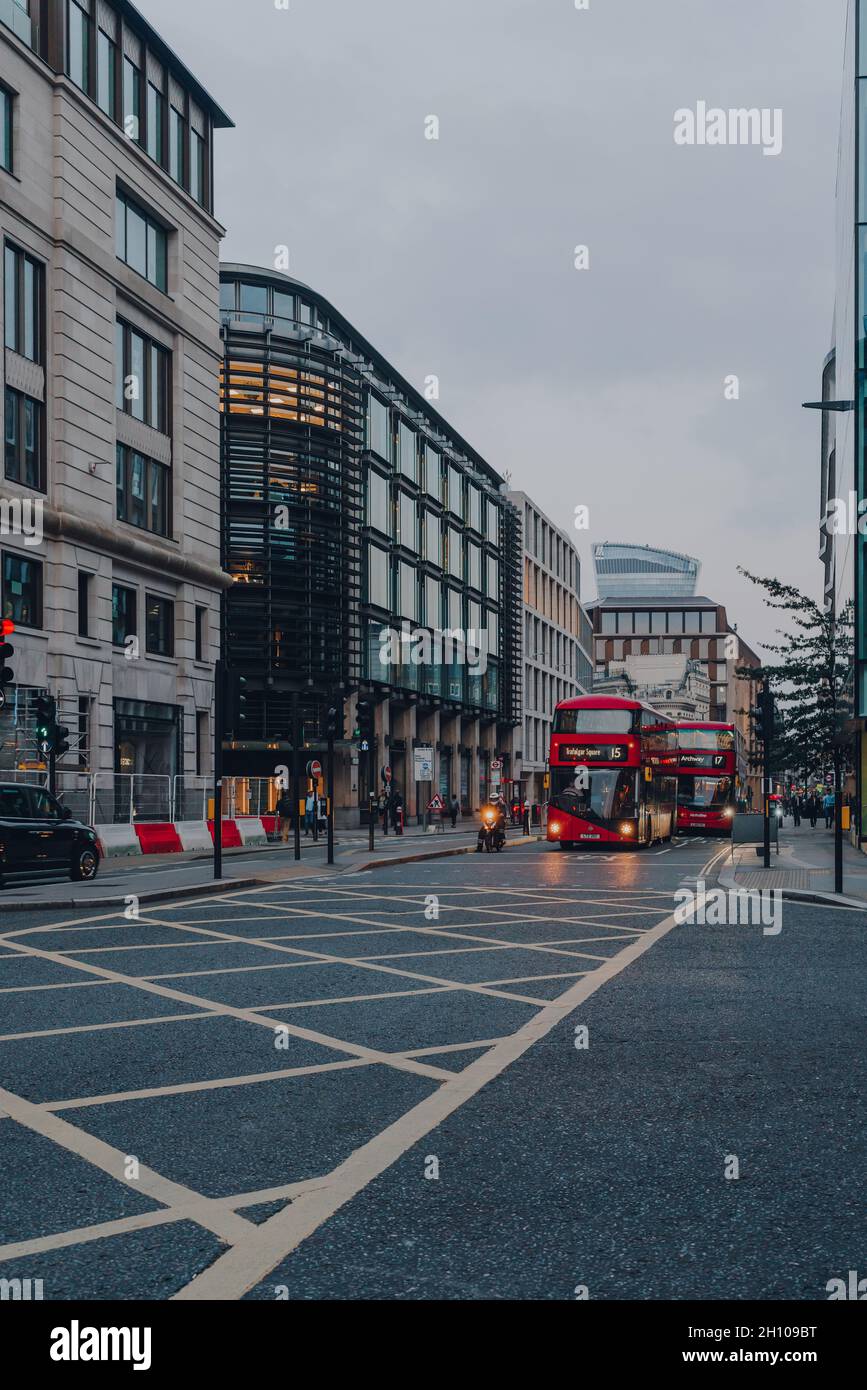 London, UK - October 09, 2021: Modern red double decker bus on a road ...