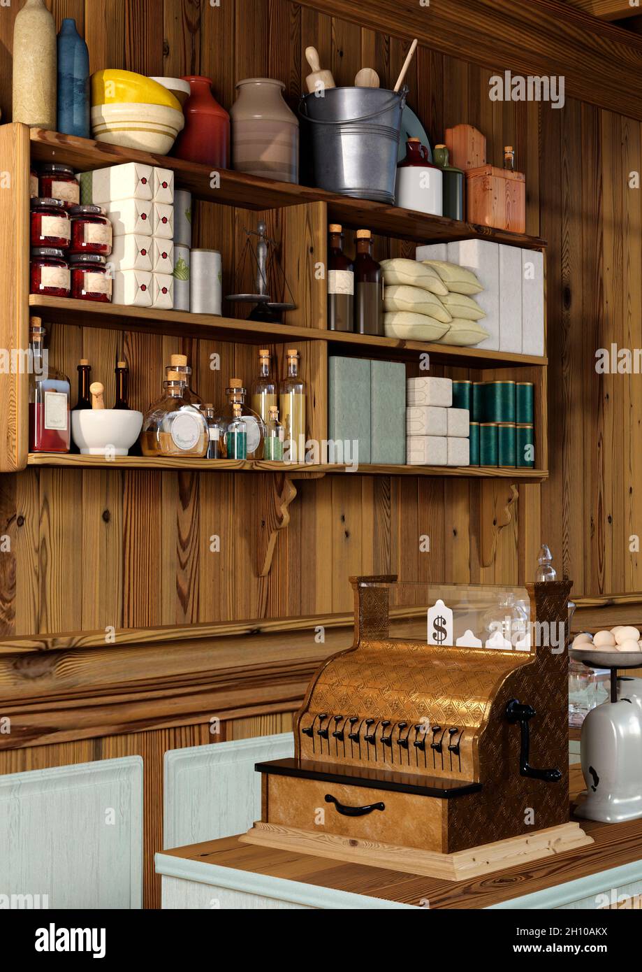 3D rendering of a vintage shop interior Stock Photo - Alamy