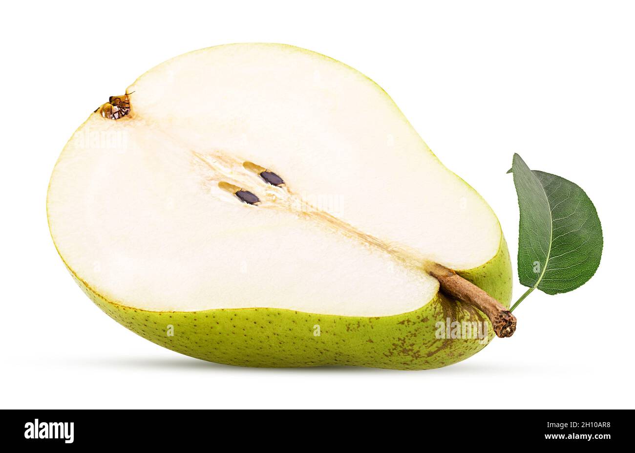 Fresh yellow pears cut in half with leaf isolated on white background ...