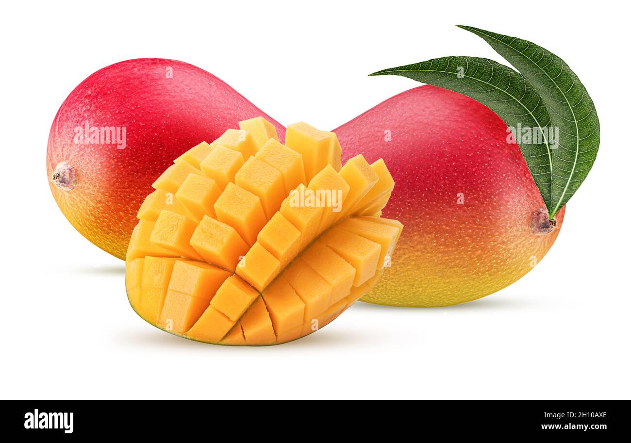 Two mango exotic friut with a leaf one cut in half cubes isolated on ...