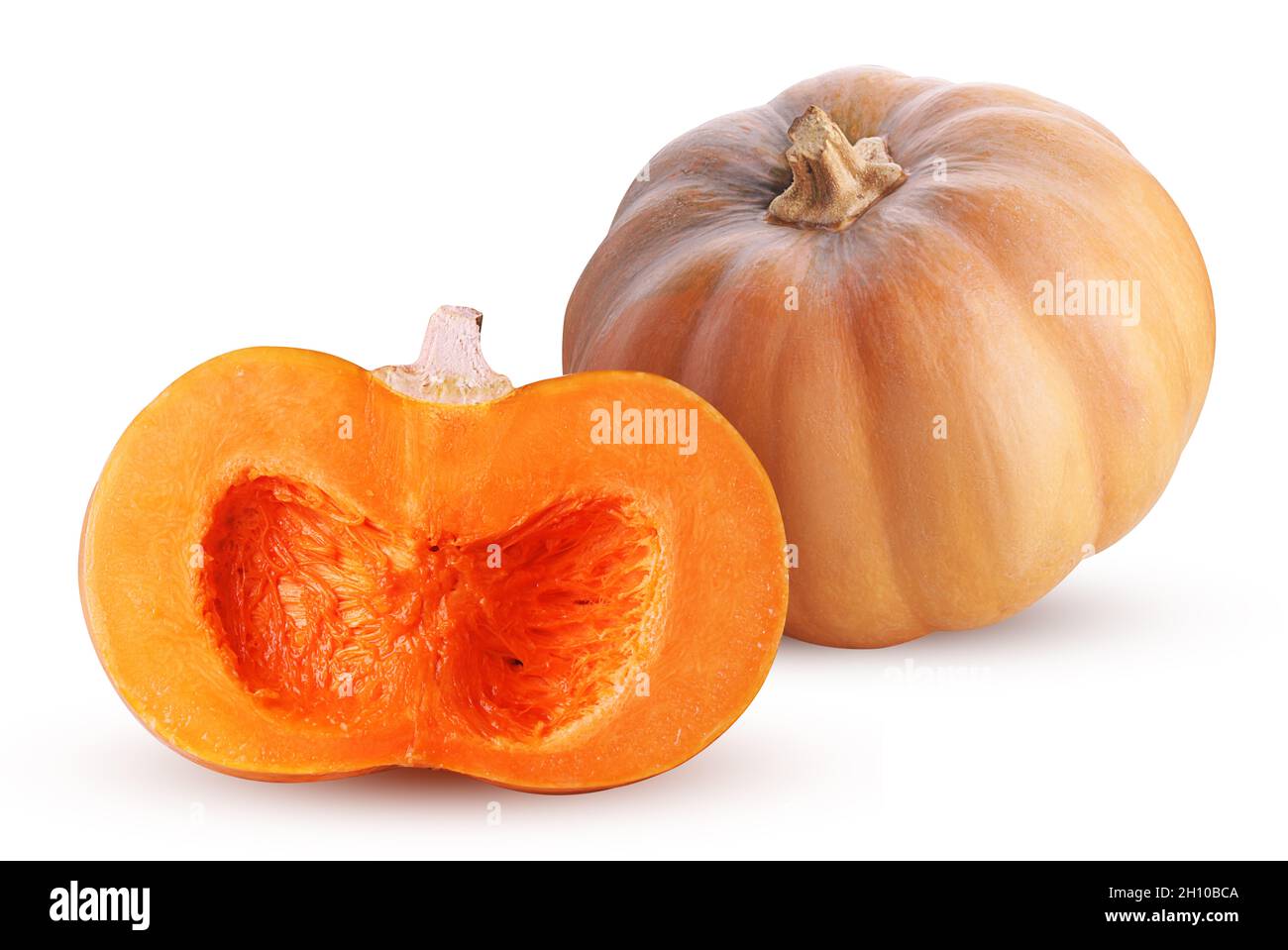 Yellow pumpkin vegetable with one cut in half isolated on white ...
