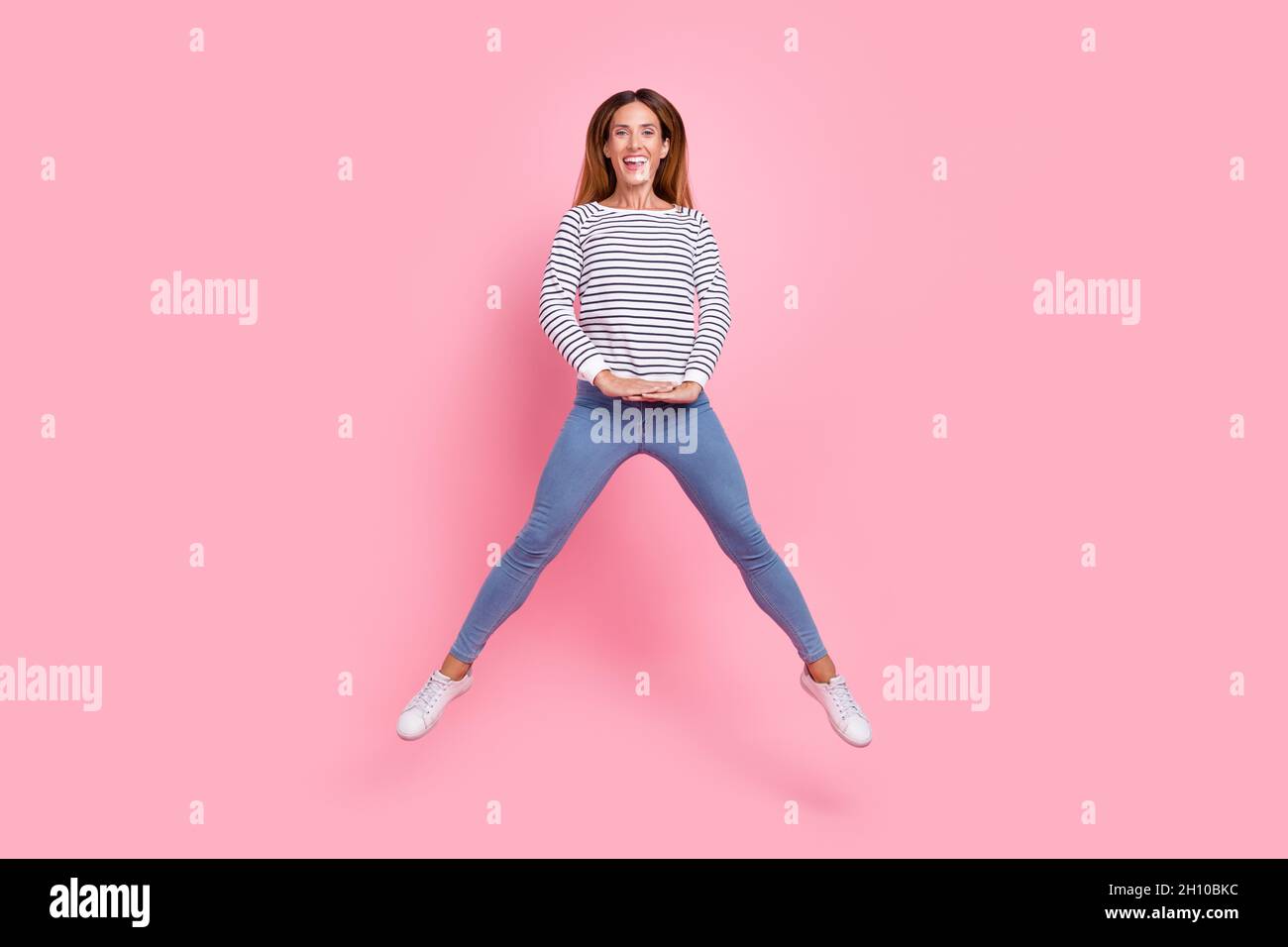 Full size photo of young funky brown hairdo lady jump wear shirt jeans ...