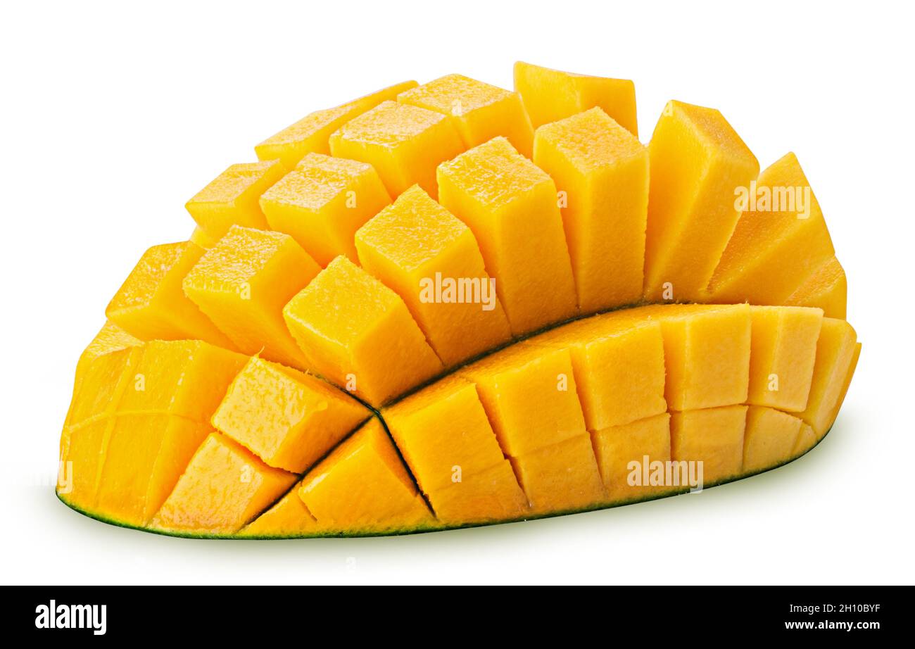 Mango exotic friut cut in half cubes isolated on white background ...