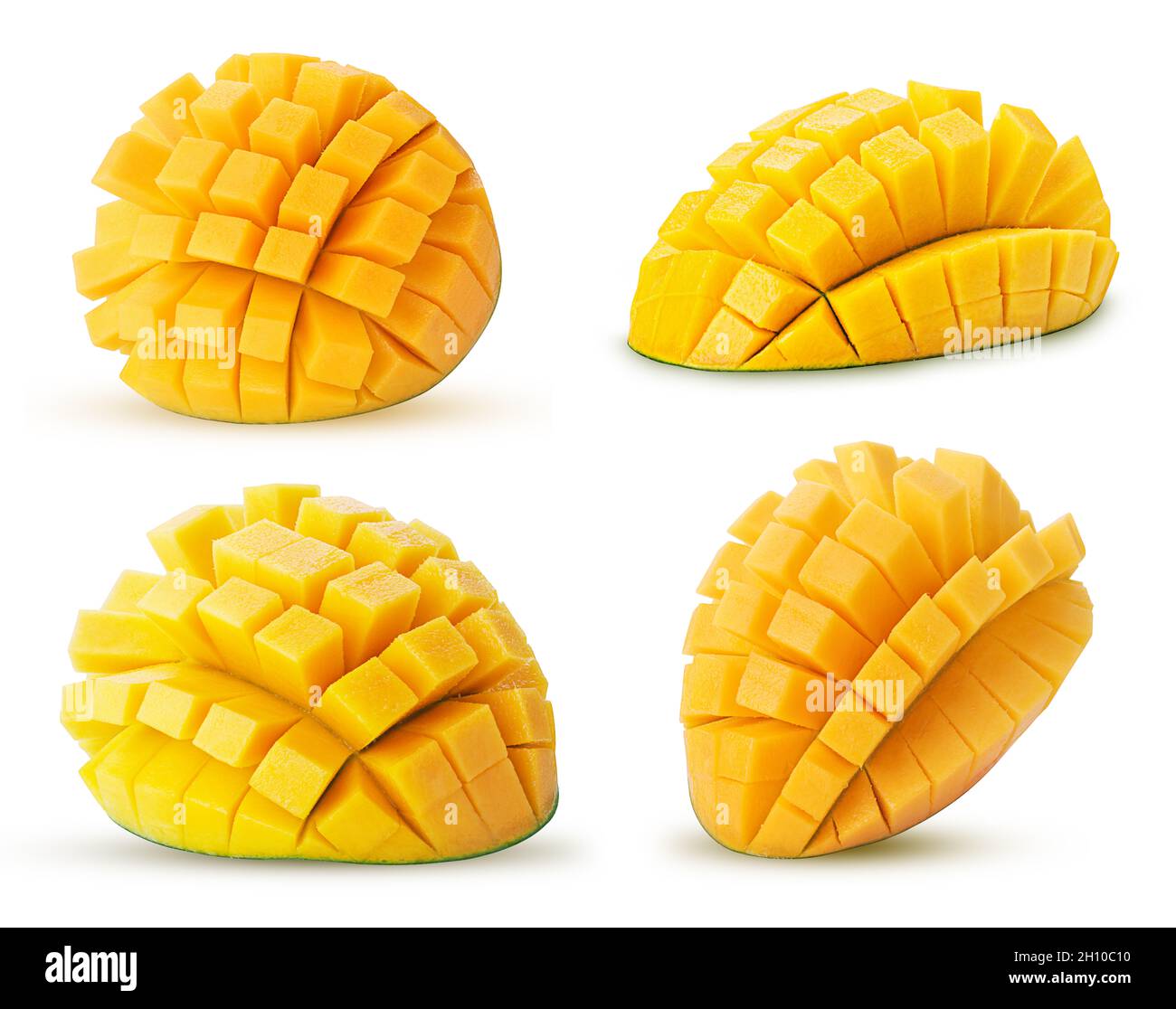 Set mango exotic friut cut in half cubes isolated on white background ...