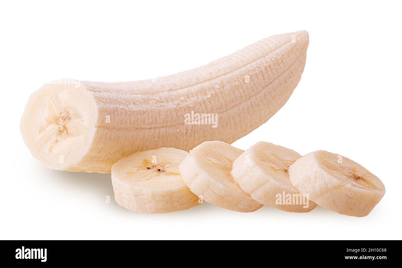 Ripe peeled banana cut in half with slice isolated on white background ...