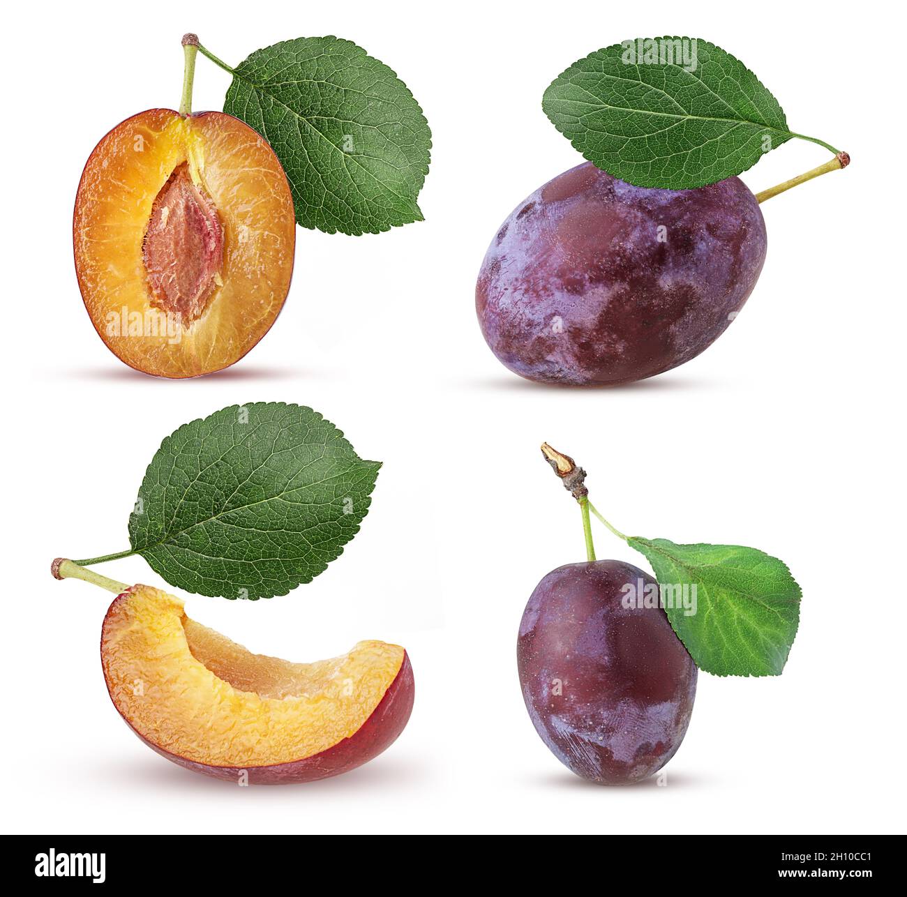 Set Red Plum whole, cut in half, slice with leaf isolated on white ...