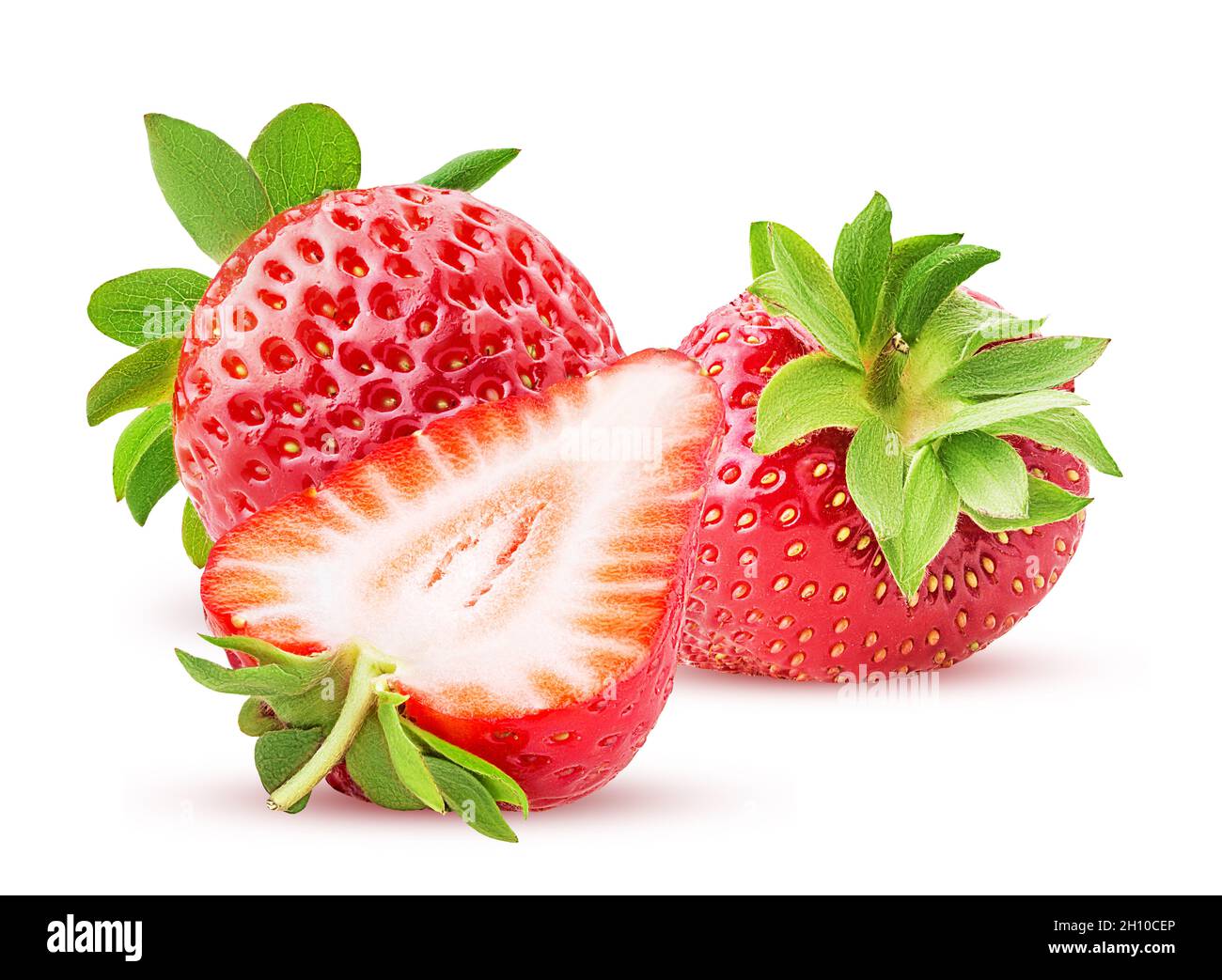 Two strawberry and one cut in half isolated on white background ...