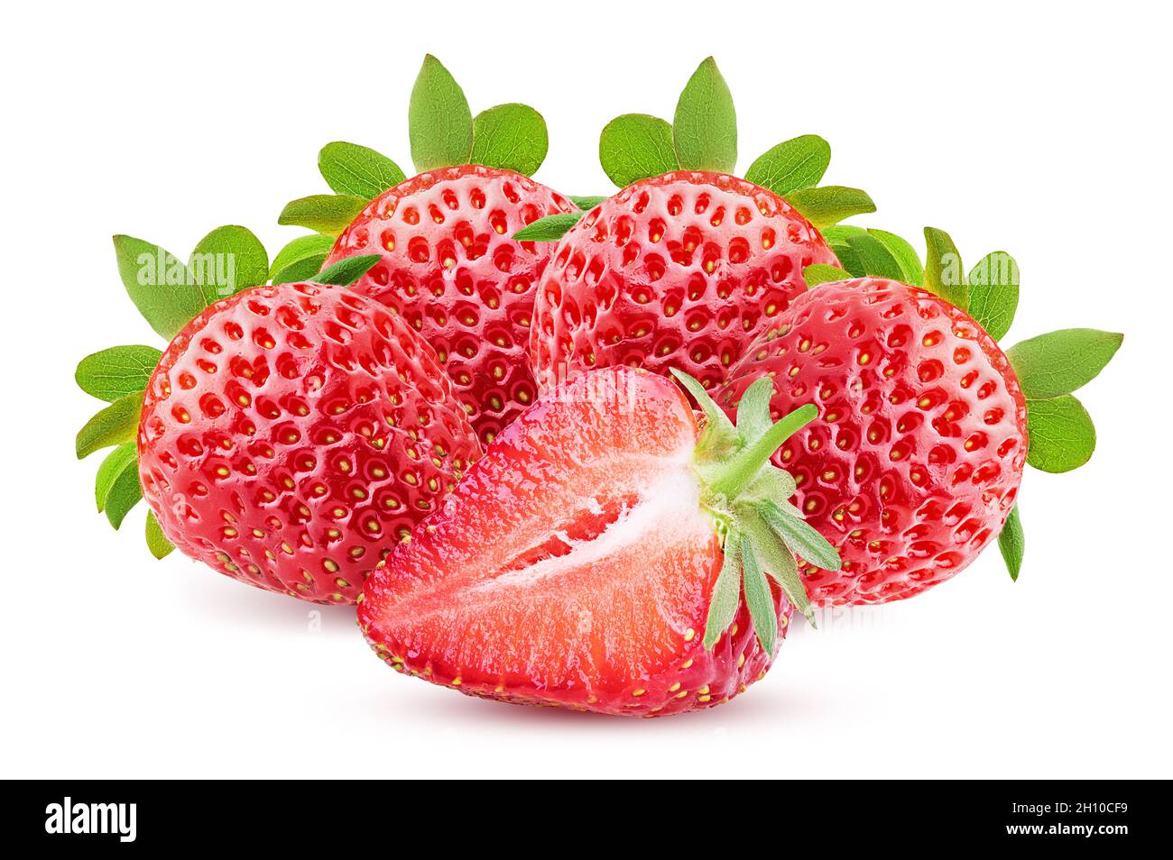 Four strawberries one cut in half isolated on white background ...