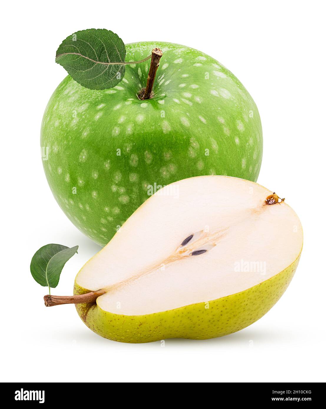 Fresh fruit green apple and yellow pear with leaf isolated on white ...